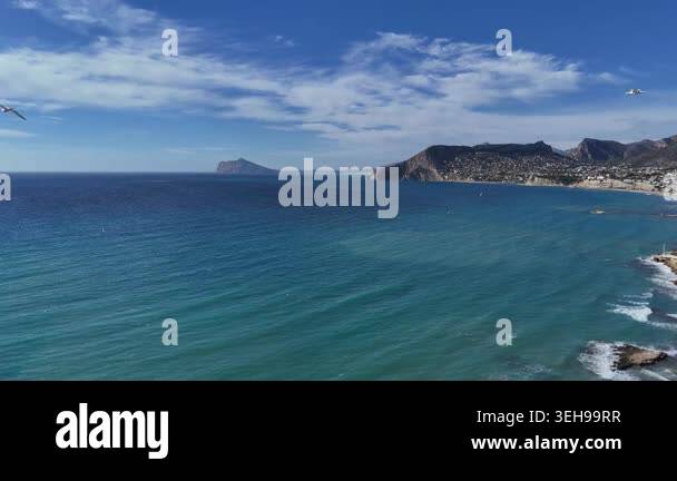 Drone aerial panorama of Mediterranean coastline near Calpe, Spain with ...