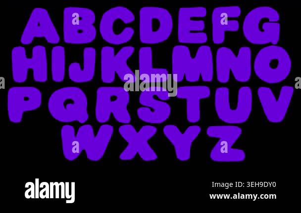 Thick purple English letters on a black background. Artistic font stock ...