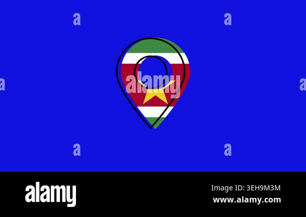 Animated location pin featuring the flag of suriname on a solid blue ...