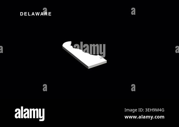 Minimalist white 3d map of delaware rotating on a solid black ...