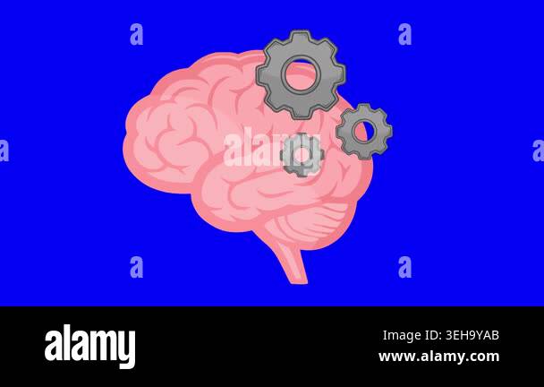 2d animation of a human brain with rotating metal gears symbolizing ...