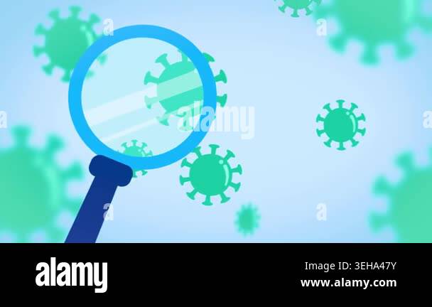 Animated magnifying glass searching and analyzing green virus cells ...