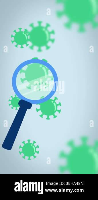 Animated magnifying glass searching and analyzing green virus cells ...