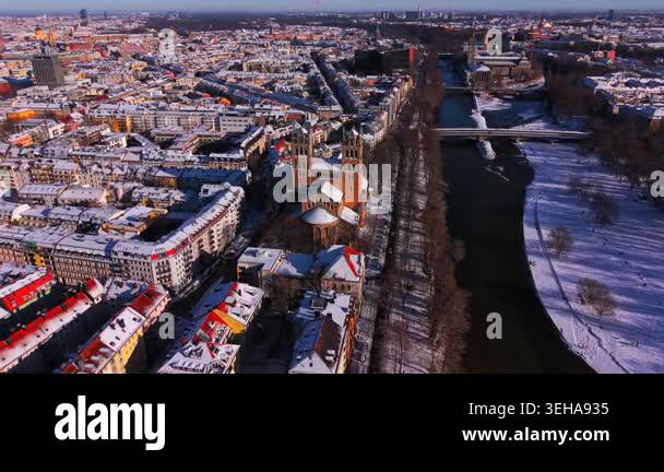 Aerial winter view of St. Maximilian Church and Reichenbach Bridge over ...