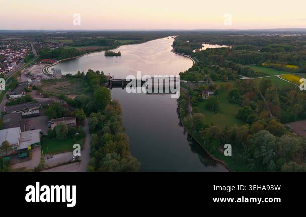 Aerial view of Donau Staustufe Ingolstadt shows dam, flowing river and ...