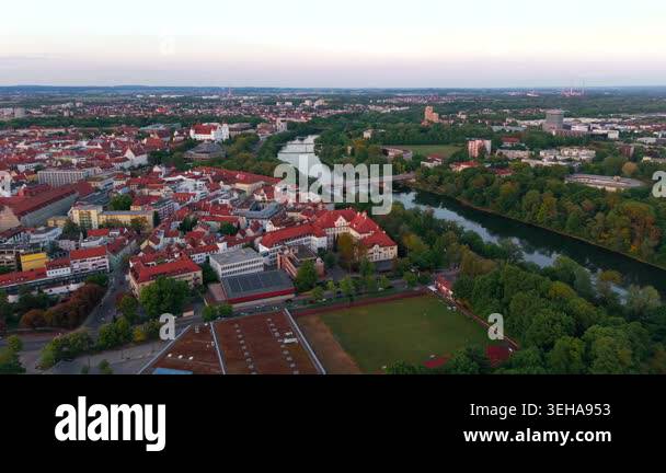 Golden hour aerial view of Ingolstadt in Bavaria. Historic center ...