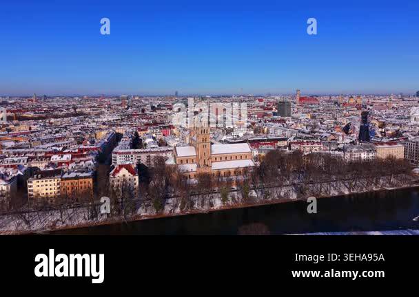 Aerial winter view of Munich, Germany. Featuring St. Maximilian Church ...