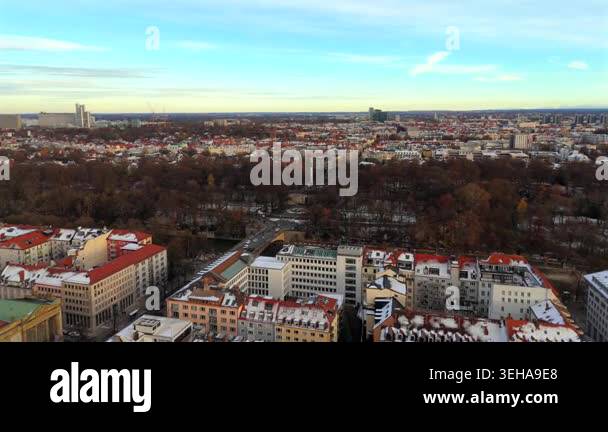 Aerial view of northeast Munich showing Isar river, Friedensengel and ...