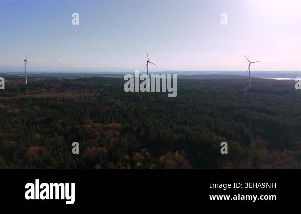 Aerial countryside landscape with wind turbines and wind farm near ...