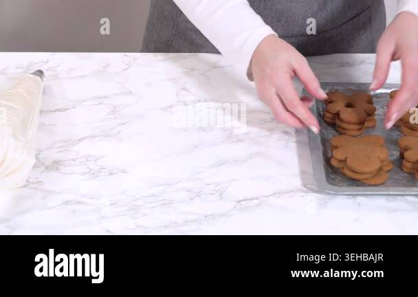 Gingerbread cookies await their second halves on a marble surface, each ...