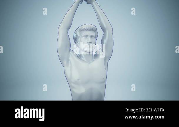 Conceptual 3D animation of a man practicing yoga virabhadrasana pose ...