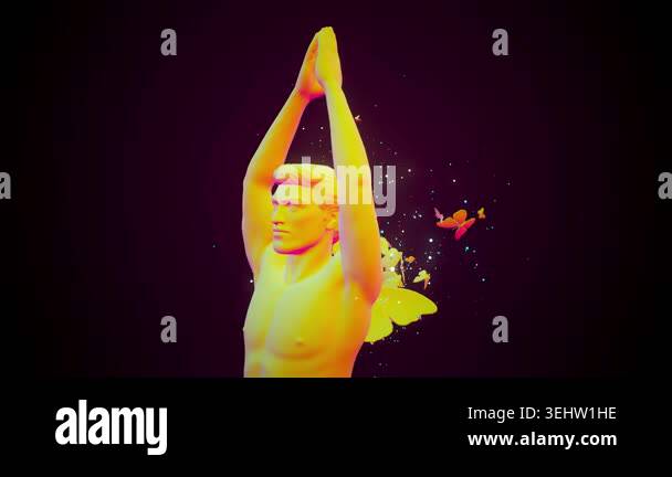 Conceptual 3D animation of a man practicing yoga virabhadrasana pose ...