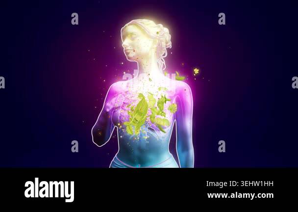 Conceptual 3D animation of a woman holding her chest with visible lungs ...