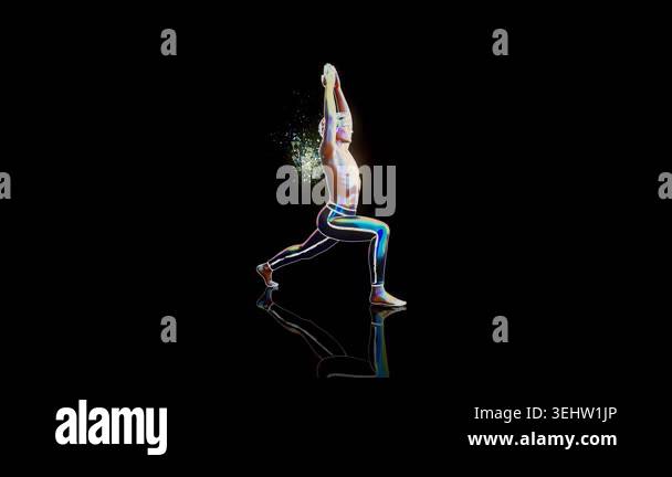 Conceptual 3D animation of a man practicing yoga virabhadrasana pose ...