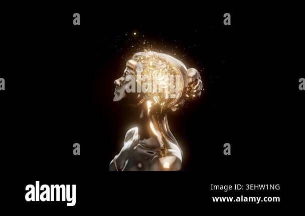 Conceptual 3D footage of a golden woman with golden pills coming from ...