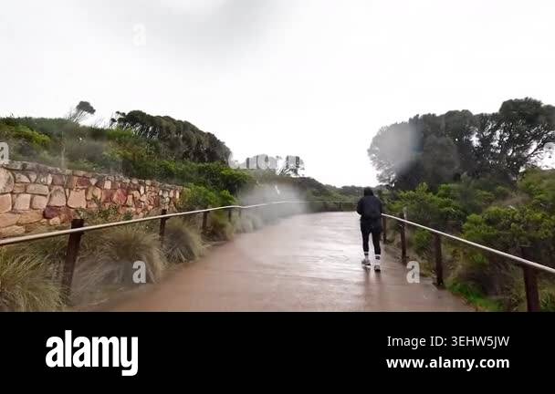 Person walking along a wet pathway in a lush green outdoor environment ...