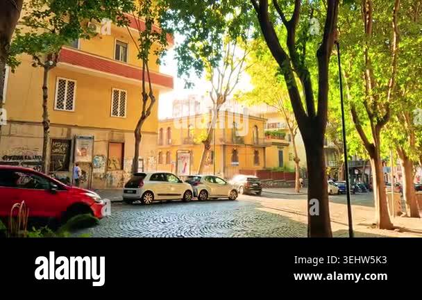 Sunny street scene with parked cars beside yellow buildings and green ...