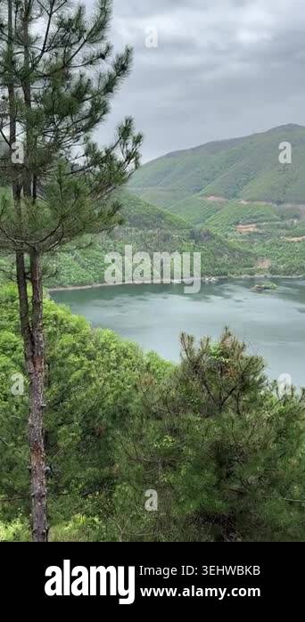 Vertical panning shot of the beautiful Vacha Dam reservoir ( ) in ...