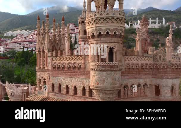 Colomares castle, Benalmadena, Spain. Panoramic view of white village ...