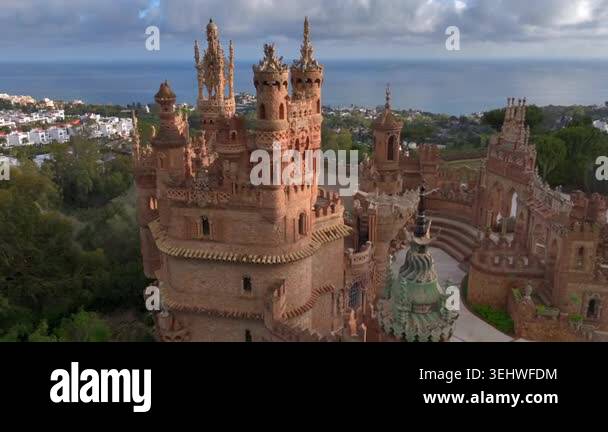 CoColomares castle, Benalmadena, Spain. Panoramic view of white village ...