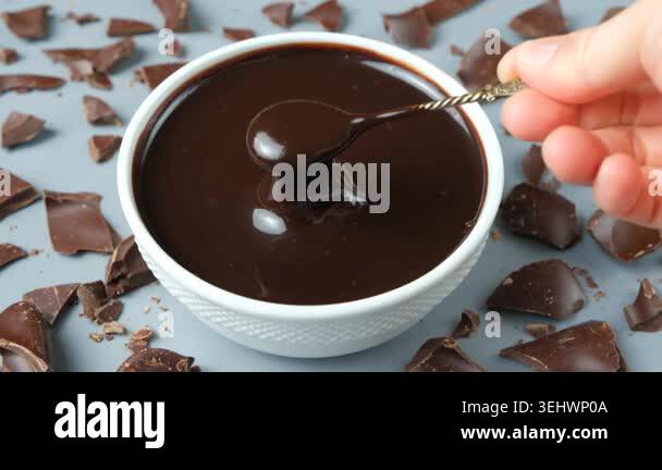 Slow motion pour of glossy chocolate syrup from spoon Stock Video ...