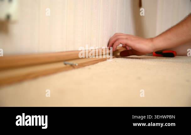 Man removing wooden baseboard molding along interior wall on carpet ...