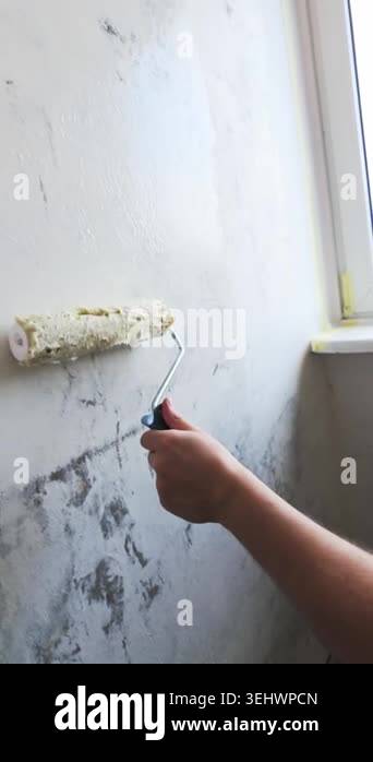 Person applying wallpaper glue with roller on interior wall near window ...