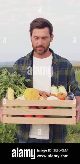 Portrait handsome caucasian farmer holding wooden box of colorful ...