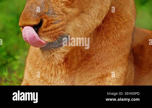A close-up portrait of a lioness with her tongue Stock Video Footage ...