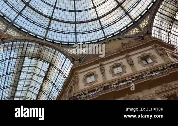 Elegant glass dome ceiling inside Milan gallery, ornate architecture ...
