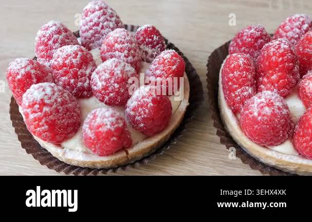 Two raspberry tarts. Home made pastries Stock Video Footage - Alamy