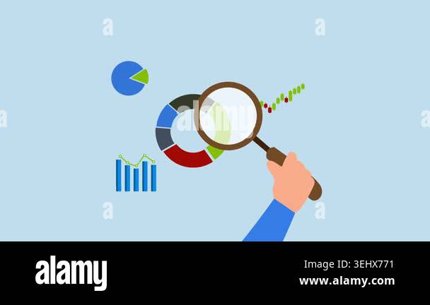 4k animation of businessman hand holding magnifying glass analyze graph ...