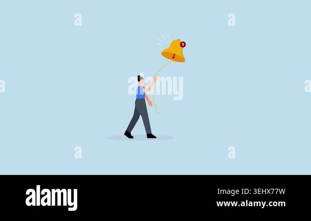 4k animation of woman new subscriber ringing the big bell with ...