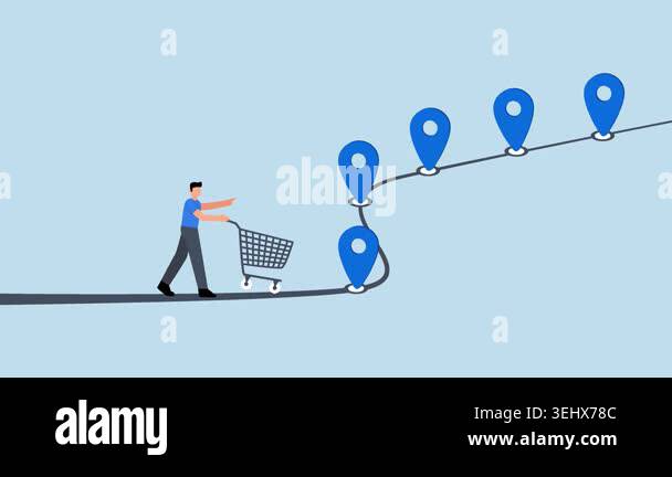 Customer journey, 4k animation of man with trolley shopping cart on ...