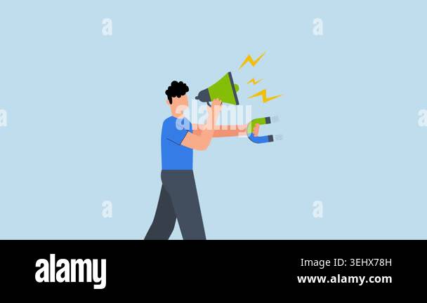 4k animation of entrepreneur yelling into megaphone while using magnet ...