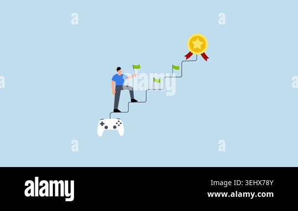 Gamification, 4k animation of joyful businessman walk up stair from ...