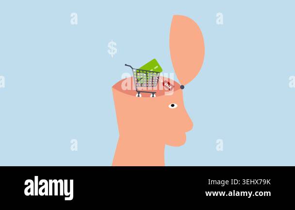 Consumerism, 4k animation of human head featuring shopping cart, credit ...