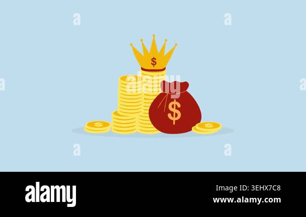 Cash is king, 4k animation of stack of money dollar coins and money bag ...