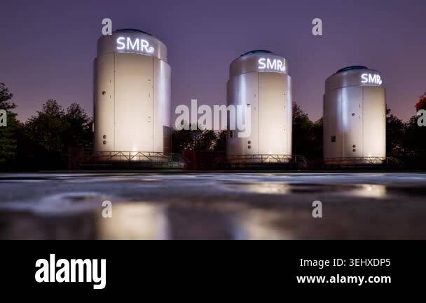 Smr or small modular nuclear reactors power plant against twilight sky ...