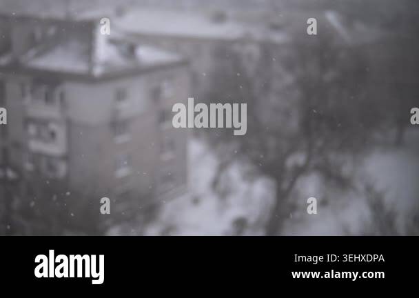 Snowflakes fall slowly against a blurred background of a snow-covered ...