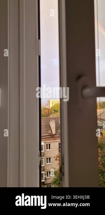 Vertical, high angle window view slowly opening to reveal a vibrant ...