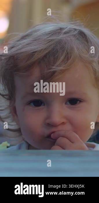 Young child putting fingers in mouth during family restaurant outing ...