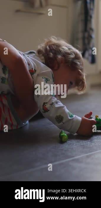 Young brothers interact calmly with miniature toy on kitchen floor ...