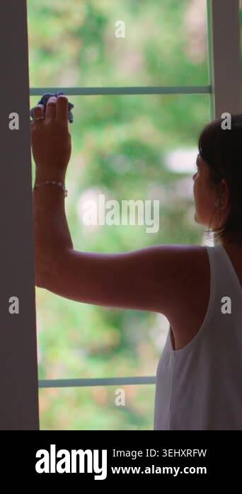 Female adult cleans home window surface with cloth during quiet indoor ...