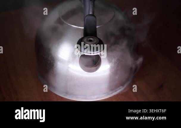 A stainless steel tea kettle boils vigorously as thick steam pours from ...