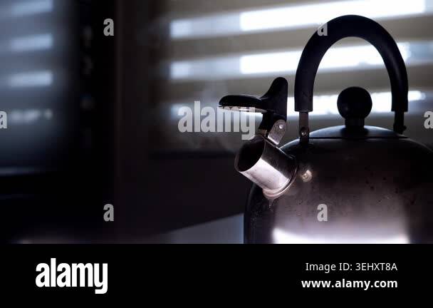 A metal kettle boils, releasing thick steam from its spout against a ...