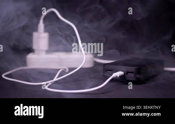 Thick white smoke rises from a black portable power bank connected to a ...