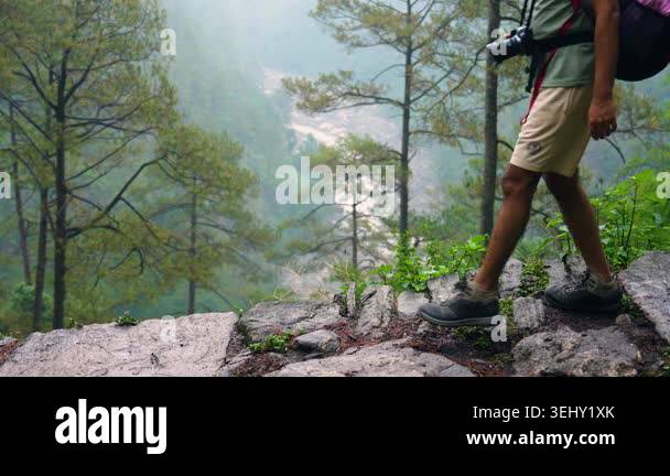 Person hiking on rocky trail gestures toward foggy mountain forest and ...