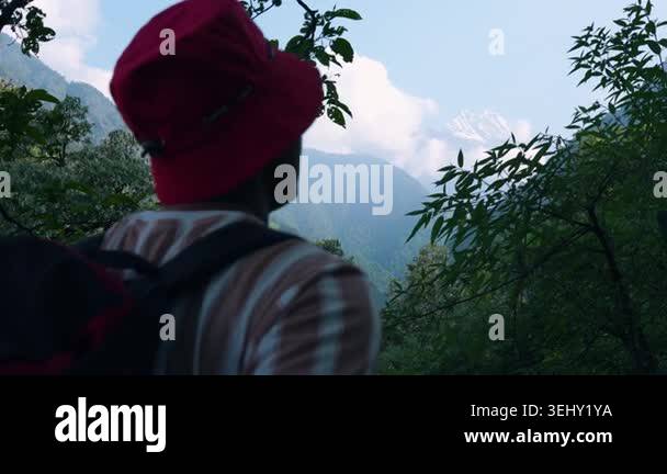 Person in red cap and backpack views misty mountain ranges and lush ...