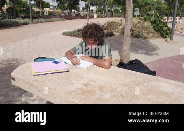 Focused teenage boy doing homework outdoors in a sunny park. Student ...